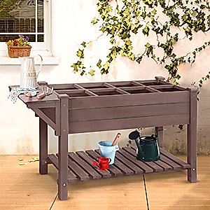 GUTINNEEN Raised Garden Bed for Herbs, Patio Elevated Flower Planter Vegetable Boxes with Grow Grid - Large Storage Shelf Brown