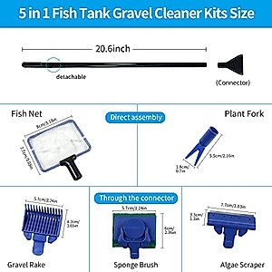 Fish Tank Cleaning Tools, Aquarium Cleaning Kit, Betta Fish Tank Accessories, Aquarium Gravel Cleaner, Algae Scrapers 5 in 1 Kit for Water Change and Sand Cleaner, Long Siphon Nozzle with Valve