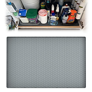Under Sink Mat, 34" x 22" Silicone Under Sink Liner, Waterproof Shelf Liner with Drain Hole, Kitchen Bathroom Cabinet Mat (Grey)