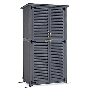MCombo Outdoor Wooden Storage Cabinet, Garden Tool Shed with Latch, Outside Tools Wood Cabinet with Double Doors for Patio 0808 (Grey, Medium)