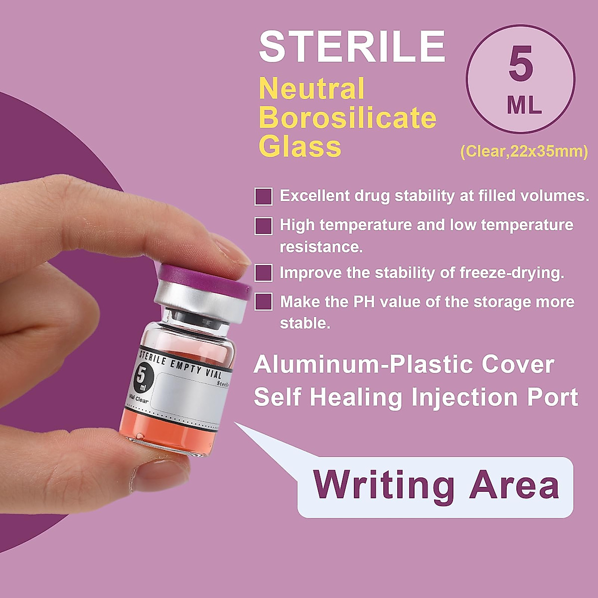 Threlaco 20 Sealed Sterile Empty Vials with Self Healing Injection Port Glass Penicillin Bottle with 20 Label Stickers (Purple,5ml)