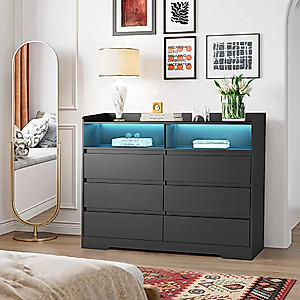 CIPACHO Black Dresser for Bedroom,Dresser with LED Lights,6 Drawer Dresser with 2 Cubby,Chest of Drawers & Dresser,Wood Dresser,Dresser Bedroom Furniture, TV Dresser for Living Room