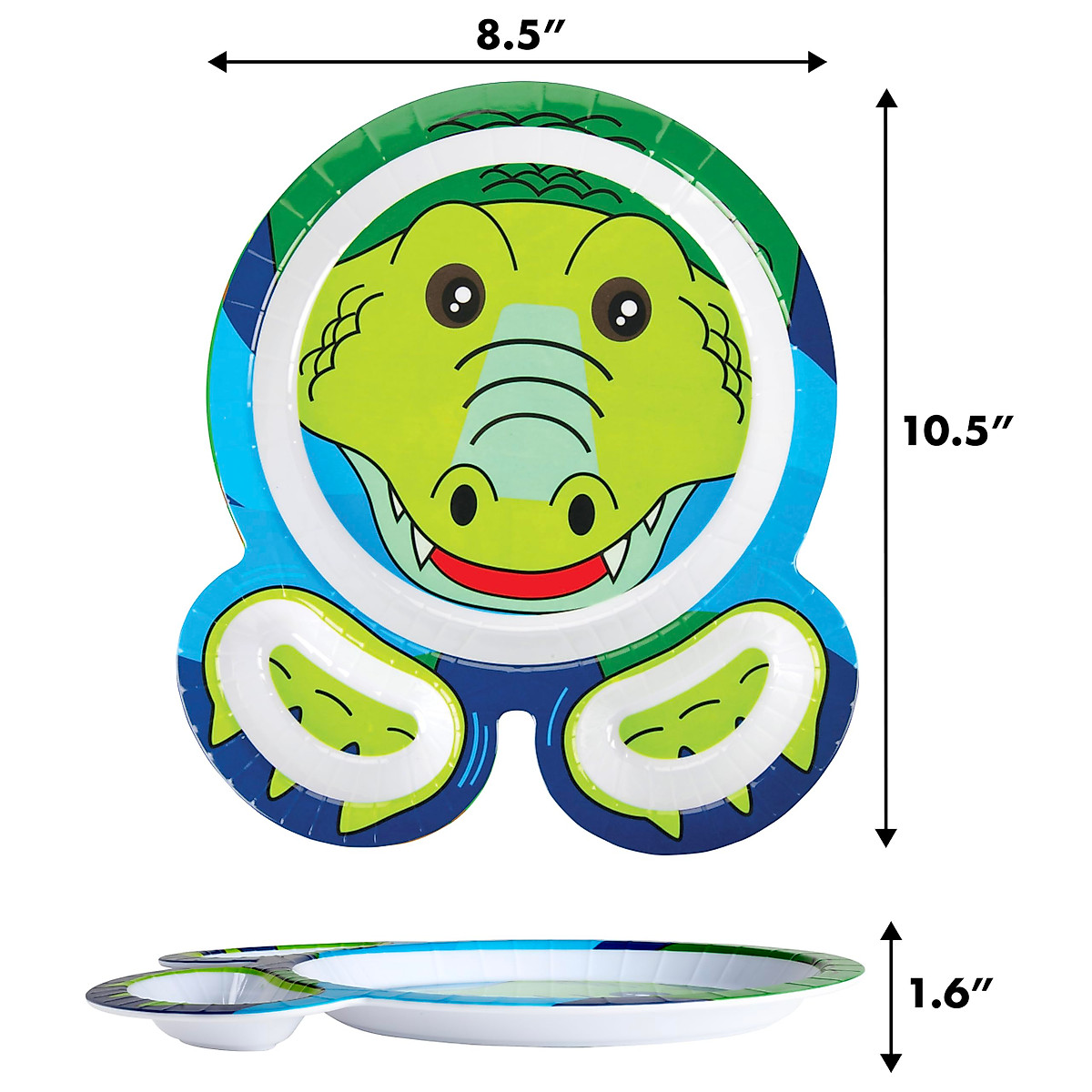 Bentology Zoo Friends Mealtime Melamine Feeding Plates - Set of 4 Different Cute Animal Pal Dishes for Kids - Panda, Alligator, Tiger & Monkey - Divided Compartments, BPA Free