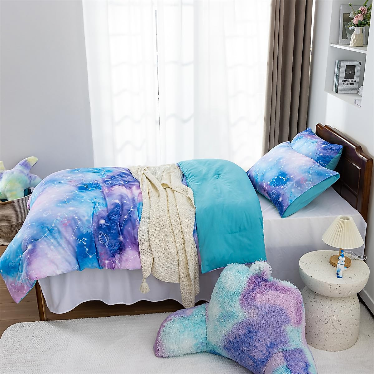 Holawakaka Tie Dye Galaxy Constellation Print Ombre Comforter Set Twin/Twin XL Size Girls Boys Dorm Gradient Space Stars Bedding Set (Blue Purple, Twin)