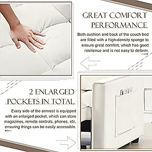 Velvet Pull Out Sleeper Sofa Bed, Convertible Futon Couch Bed with Adjustable Backrests, 3 in 1 Modern Loveseat with 2 Pockets and Pillows, Small Love Seat for Living Room, Guest Room, Off White