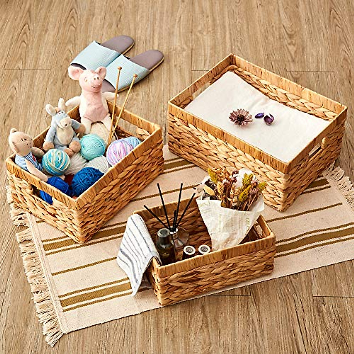 EZOWare Set of 3 Natural Water Hyacinth Wicker Baskets, Environmental Friendly Natural Storage Organizer Nesting Boxes with Handle - Mixed Size (1 Large, 1 Medium, 1 Small)