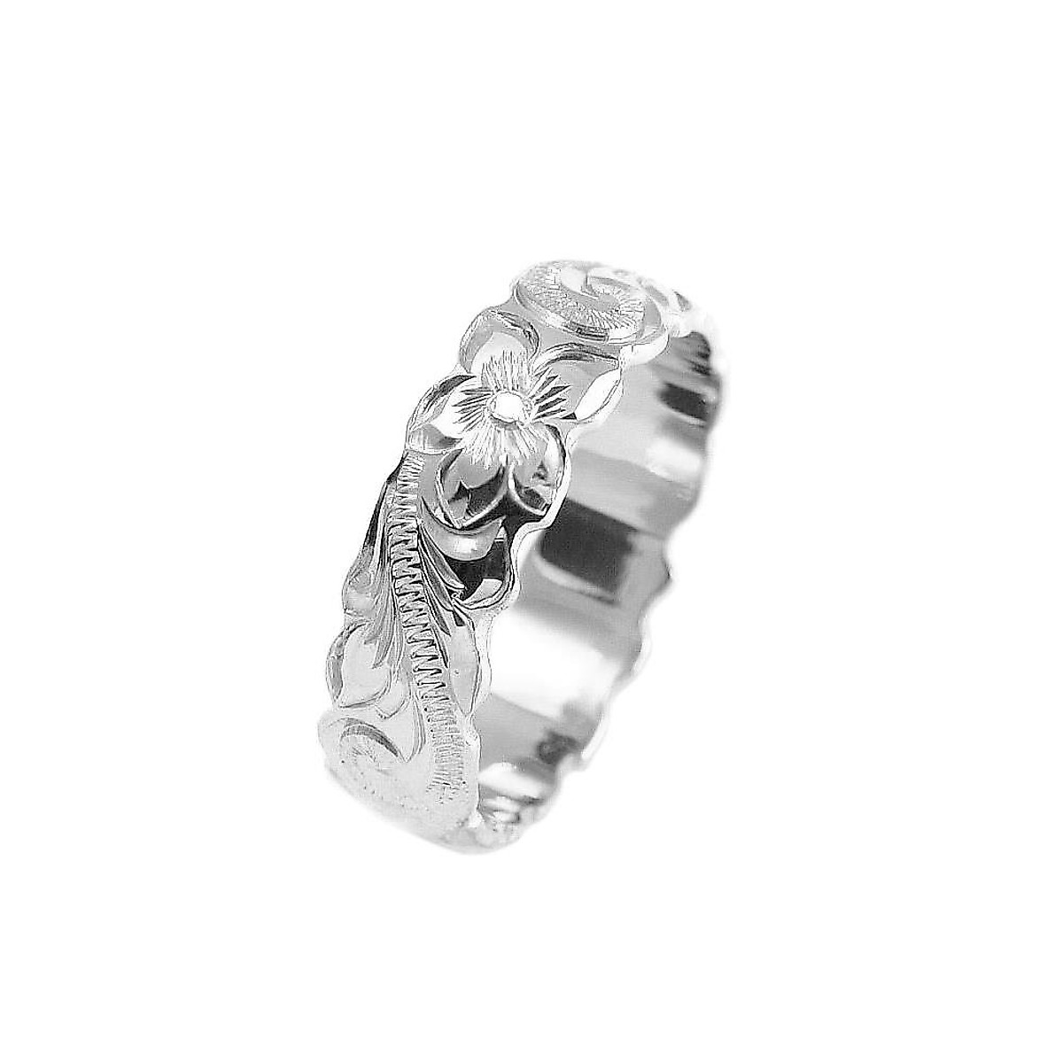 Arthur's Jewelry 14K white gold hand engraved Hawaiian plumeria scroll band ring cut out 6mm size 8.5
