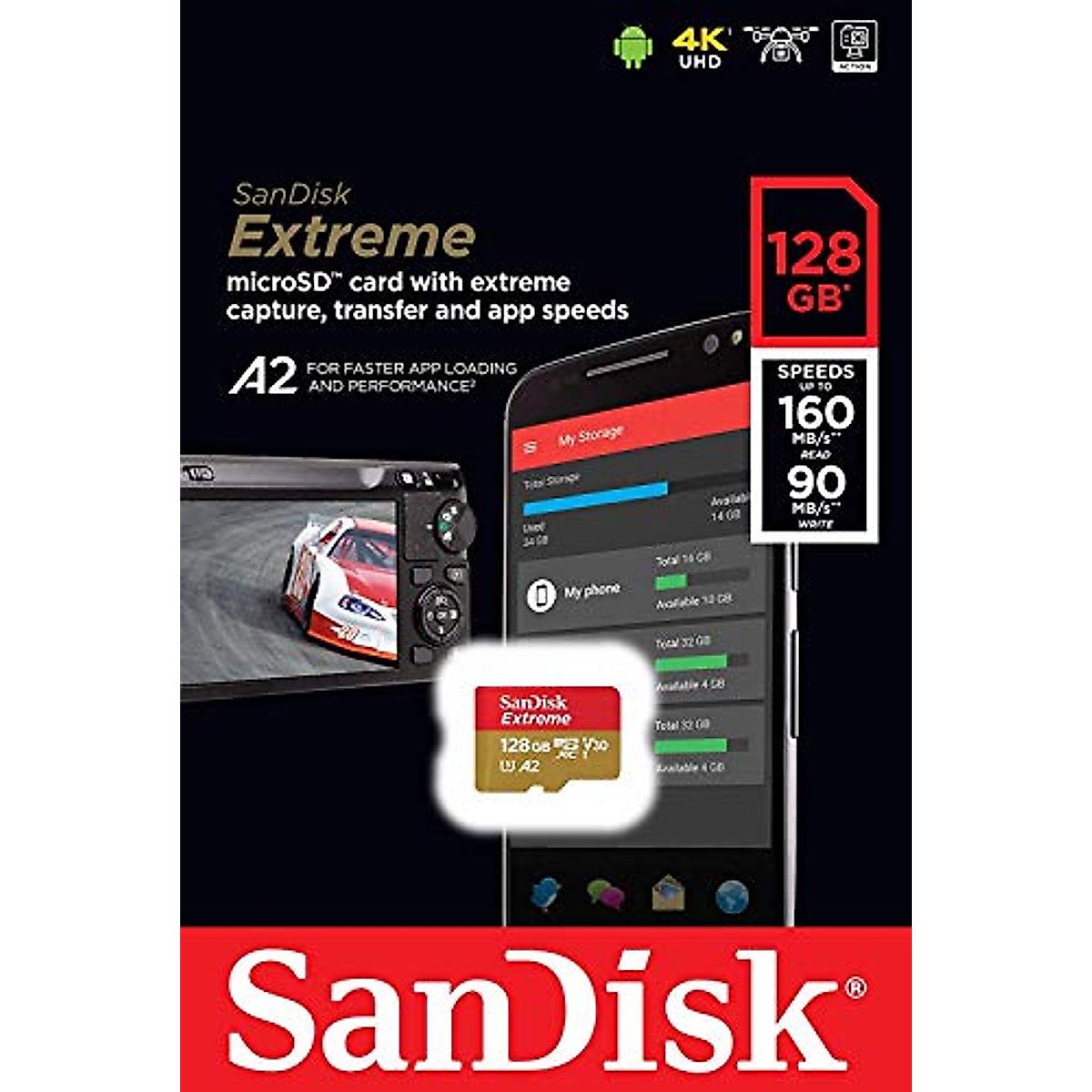 SanDisk Extreme V30 A2 128GB MicroSD Memory Card 4K SDXC Works with DJI Mavic Mini Drone Flycam Bundle with (1) Everything But Stromboli Micro Card Reader