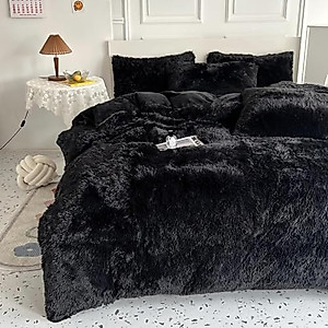 MR.FEATHER Duvet Cover Queen Size, Thickening Winter Fluffy Luxury Plush Shaggy Duvet Cover Sets Velvet Bedding Comforter Bed Sets 3 Pieces (Black, Twin)