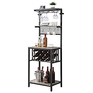 O&K FURNITURE Freestanding Wine Bar Cabinet with Glass Holder, Wine Rack Free Standing Floor, Multifunctinal Wine Cabinet Bar Furniture for Kitchen Dining Room (Gray Finsih)