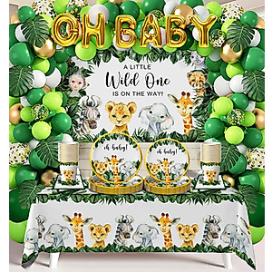 Yuzioey 224PCS Safari Baby Shower Decorations, Jungle Animals Oh Baby Party Supplies, Safari Disposable Dinnerware (Serve 24 Guests)with Paper Plates Cups, Backdrop Tablecloth Balloon Garland Kit