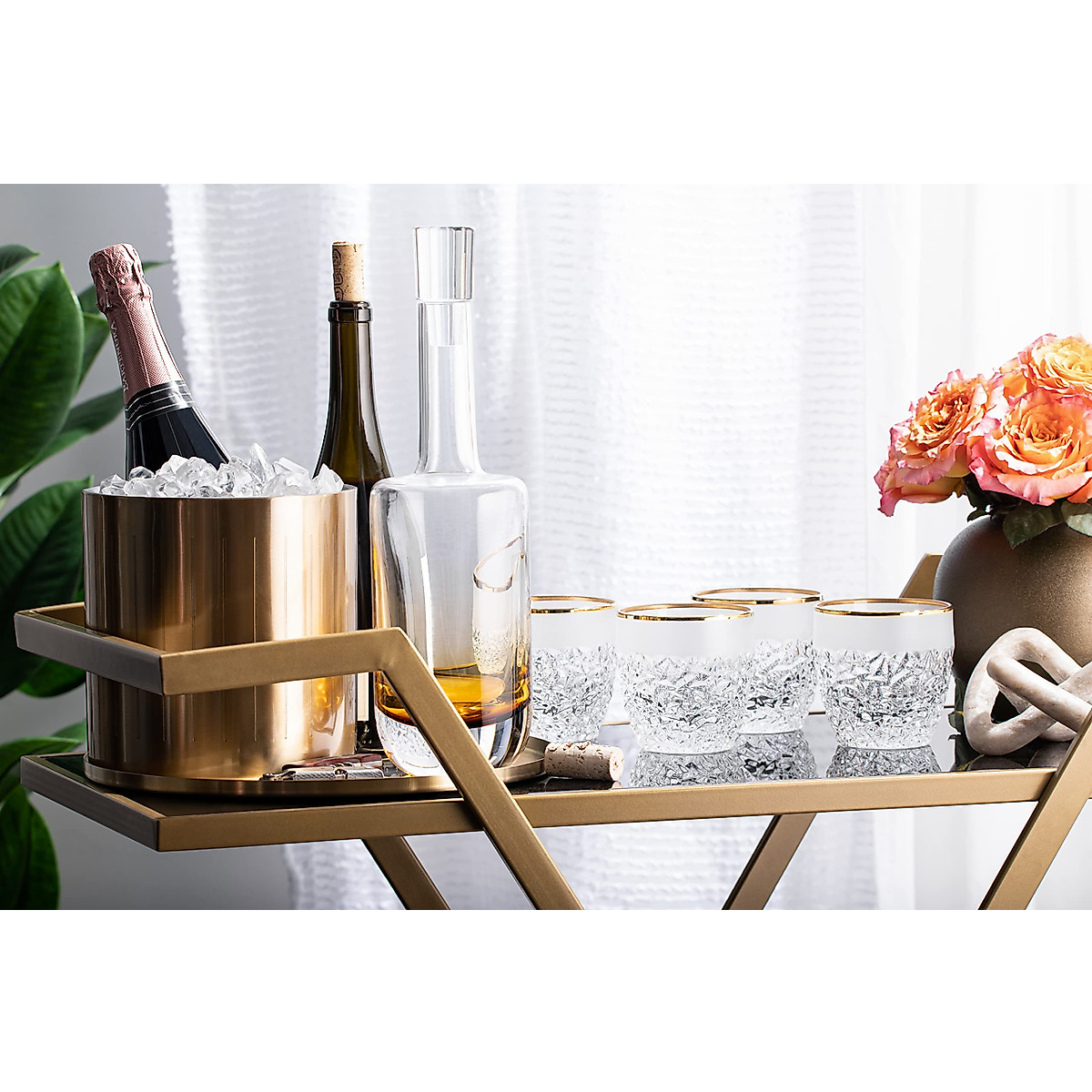 Barski - European Quality Glass - Crystal - Set of 6 - Double Old Fashioned Tumblers - DOF - each Tumbler is 12 oz. - with Frosted Crack Design and Gold Band - Glasses are Made in Europe