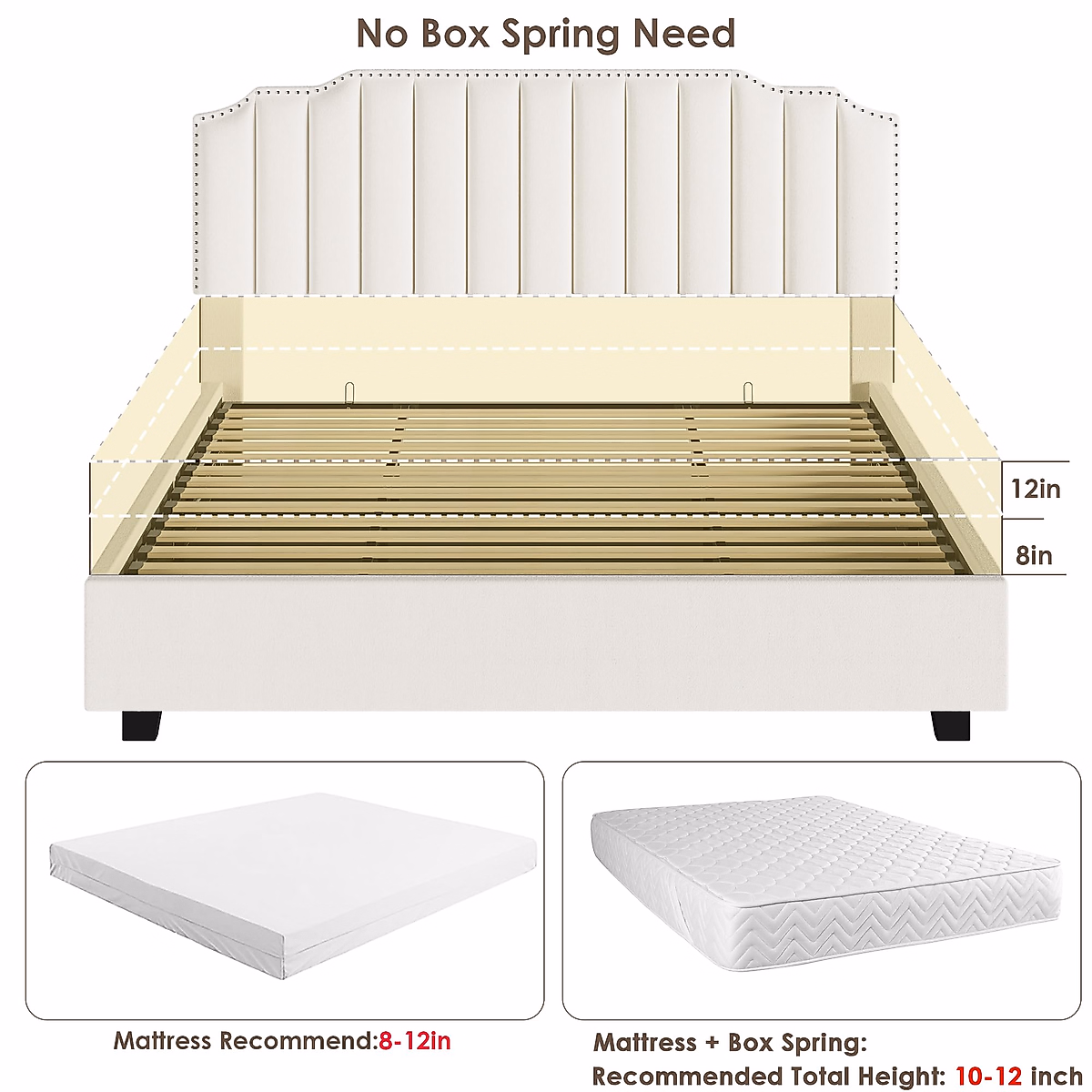 Full Size Bed Frame, Upholstered Lift Up Bed Frame with Button Tufted Headboard, Velvet Platform Bed with Solid Wooden Slats Support, No Box Spring Needed, Beige