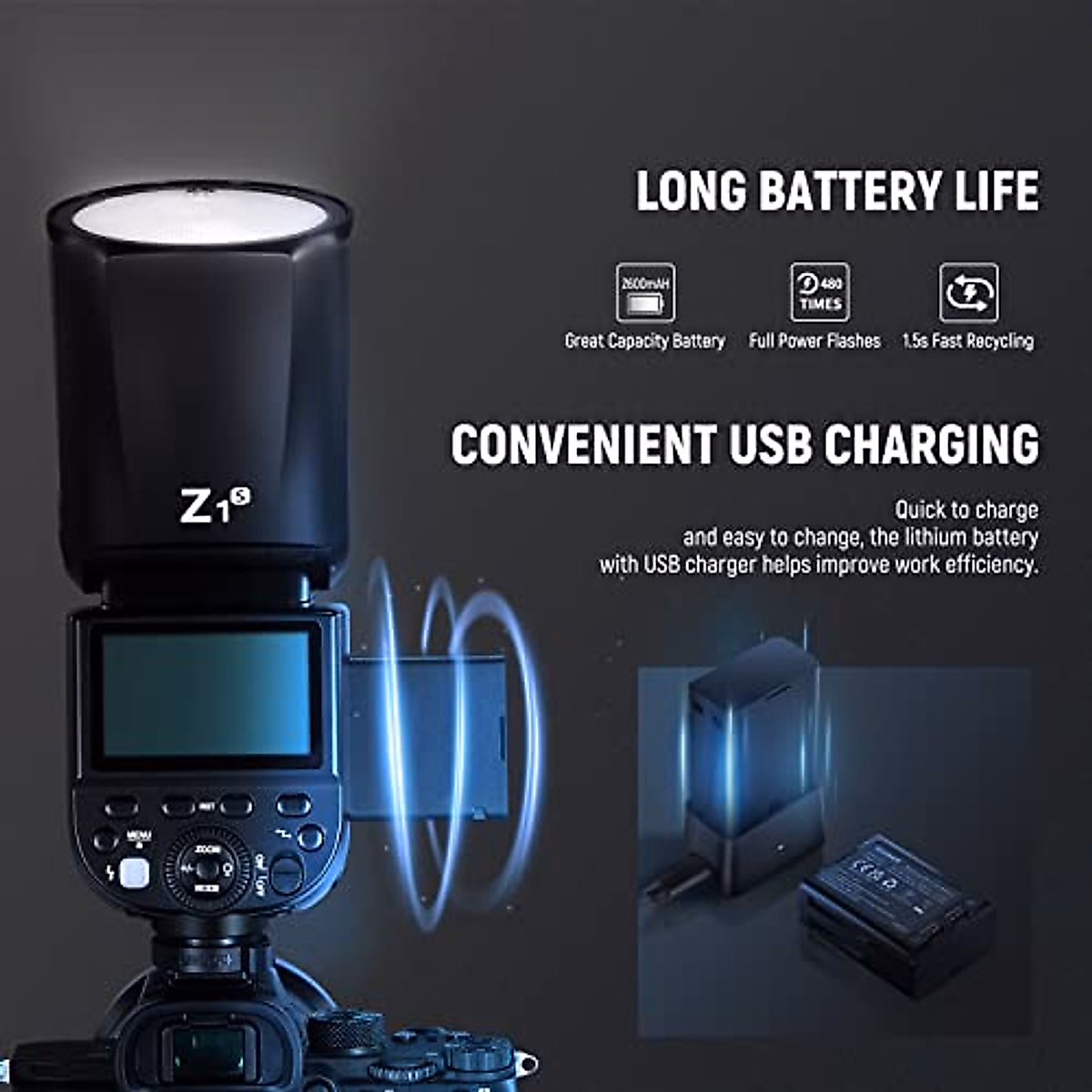 NEEWER Z1-S TTL Round Head Flash Speedlite for Sony Cameras, 76Ws 2.4G 1/8000s HSS, 10 Levels LED Modeling Lamp, 2600mAh Lithium Battery, 480 Full Power Shots, Recycle in 1.5s Flash