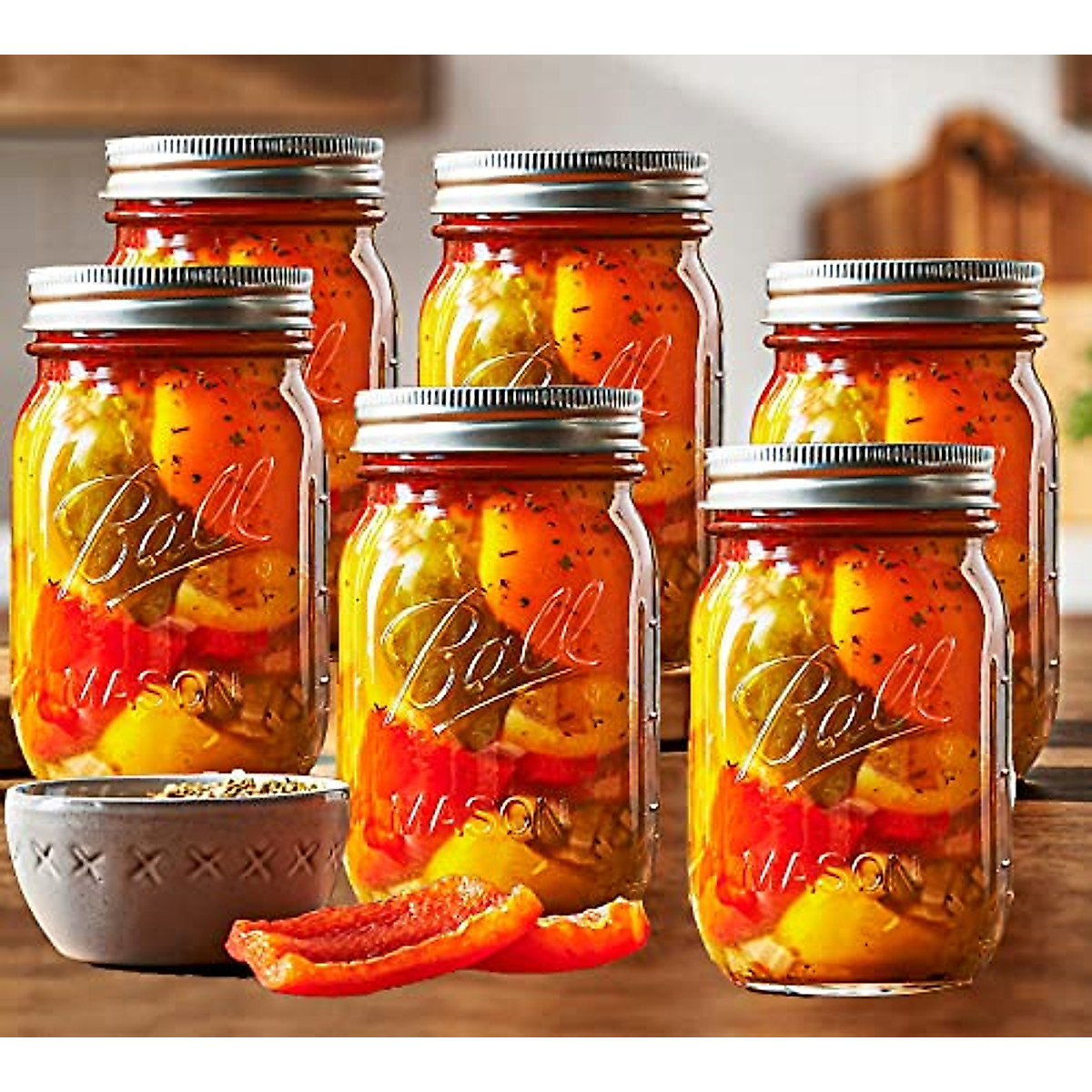 Regular Mouth Mason Jars 16 oz - (6 Pack) - Ball Regular Mouth Pint 16-Ounces Mason Jars With Airtight lids and Bands - For Canning, Fermenting, Pickling, Freezing, Storage + M.E.M Rubber Jar Opener