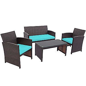 DORTALA 4 Pieces Wicker Patio Furniture Set, Outdoor PE Rattan Conversation Set with Chairs, Loveseat, Coffee Table, Cushions for Poolside, Turquoise