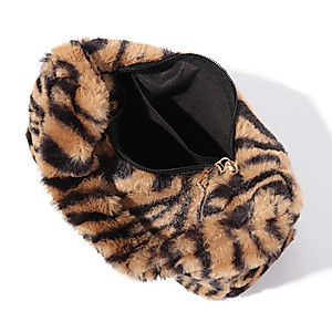 Women Leopard Print Clutch Handbag Plush Faux Fur Tote Bag Soft Warm Shoulder Crossbody Purse (1-cow print White)