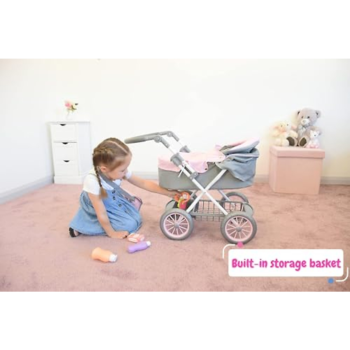 KOOKAMUNGA KIDS Baby Doll Stroller - Foldable Baby Stroller for Dolls - Play Stroller & Bassinet w/Retractable Canopy - Diaper Bag - Adjustable Soft Grip Handle - Ideal for 16” 18” & 20” Dolls