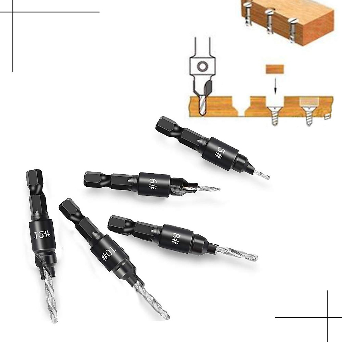 DAYREE 5PCS Countersink Drill Bit Set Wood Drill Bit Set Woodworking Tools #5, 6, 8, 10, 12