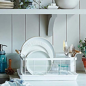 BRIAN & DANY Kitchen Dish Drainer, Drying Rack with Full-Mesh Storage Basket, Wooden Handle, Removable Cutlery Tray