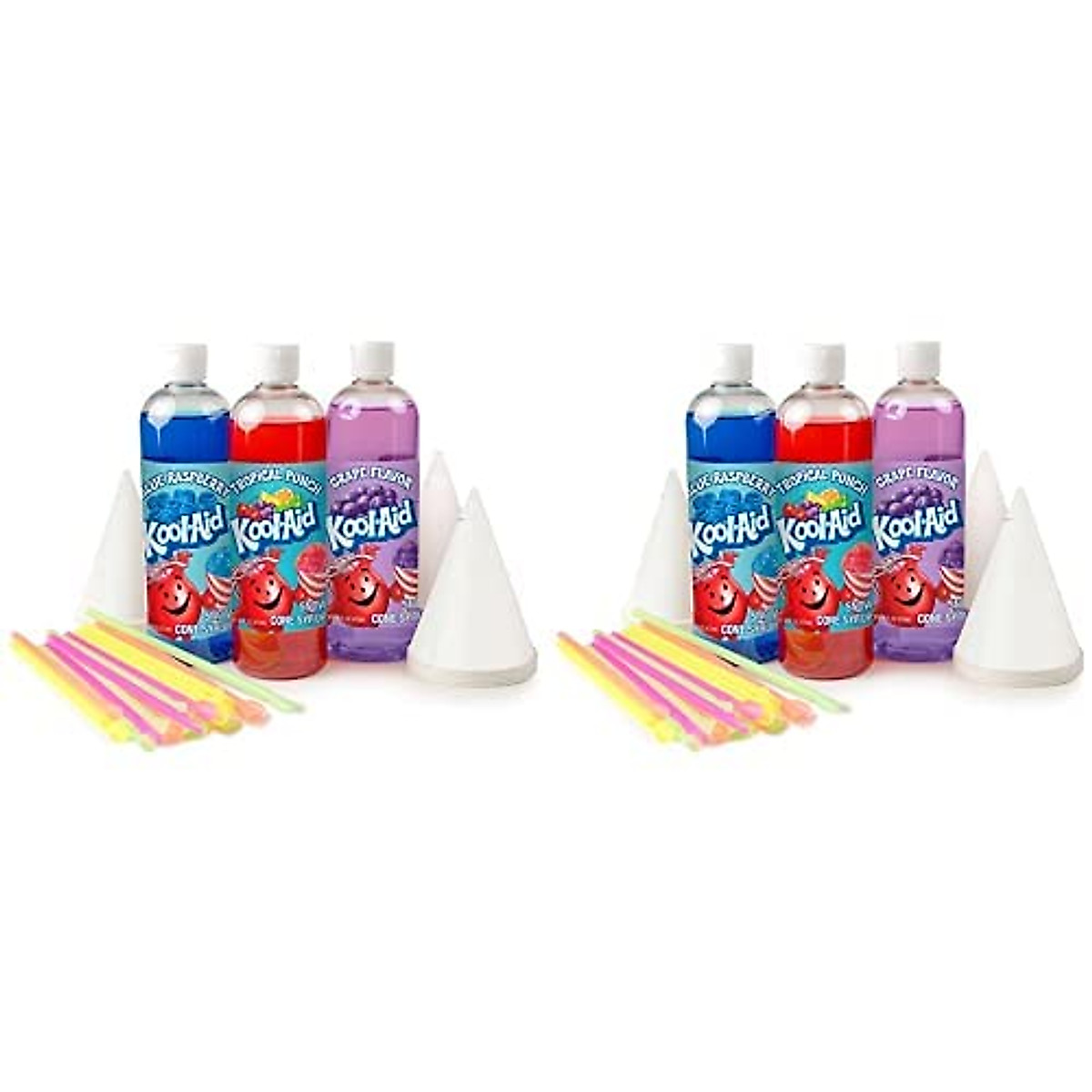 Kool-Aid Snow Cone Syrup Party Kit, Kool-Aid Shaved Ice, Comes With Straws, Cups, Spoons, Flavors Of Tropical Punch, Grape, Blue Raspberry, Fun For Kids, Celebrations, Gifting, Multicolor (Pack of 2)