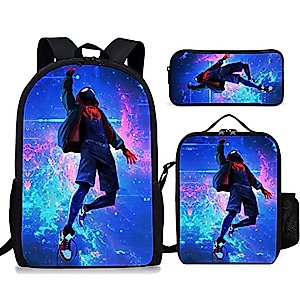 Vonpcaty 3Pcs Cool Cartoon Backpack with Lunch Bag Pencil Case Set, Large Capacity Bookbag 17-Inch Bag Travel Bag Lightweight Bag for Boys Girls Blue