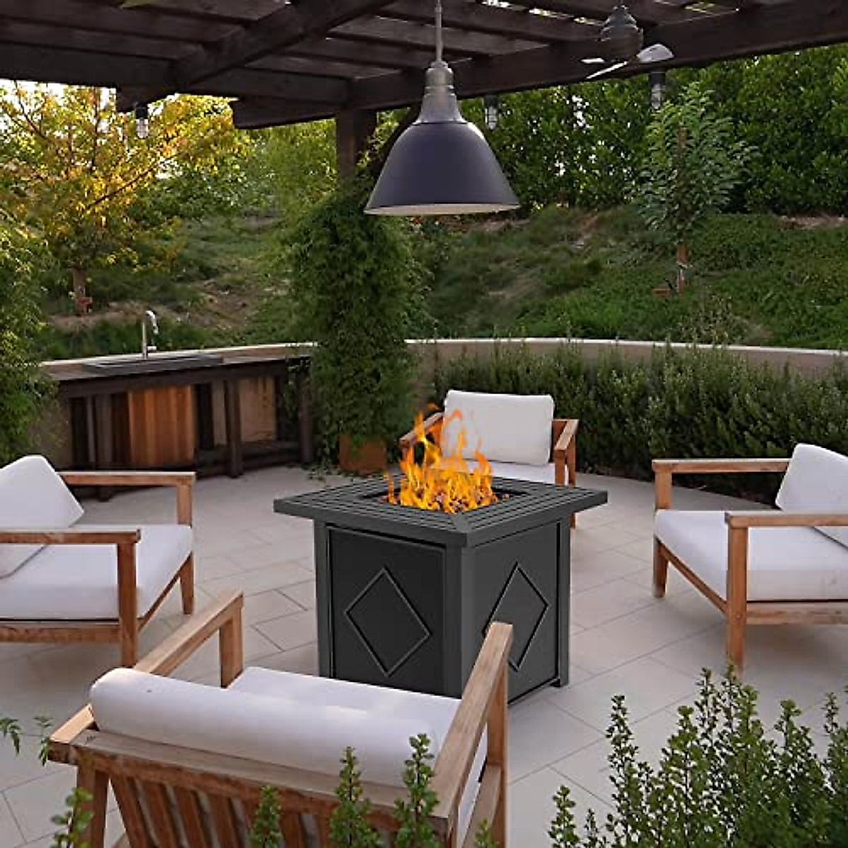 Gas Fire Pit Table, hOmeHua 28 inch Square Auto-Ignition Outdoor Propane Firepit with Cover and Lava Rock,Thick & Strong Striped Steel Tabletop,2 in 1 Fire Table for Patio/Backyard/Party/Deck (Black)