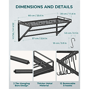 OROPY 23 Inch Wall Mounted Pot Rack Storage Shelf with 2 Tier Hanging Rails 12 S Hooks included, Ideal for Pans, Utensils, Cookware, Plant Black