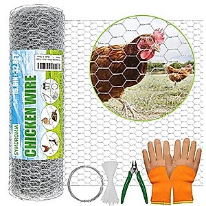 Chicken Wire, 16.9 In × 32.8 Ft Chicken Wire Fencing, Chicken Coop Accessories, 0.6 Inch Hexagonal Galvanized Wire Mesh for Rabbit Garden, Protecting Chicken Feeder Waterer, with Pliers & Glove