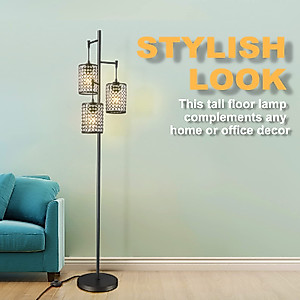 EE Eleven Master 3-Light Industrial Floor Lamp for Farmhouse, Elegant Crystal Tall Standing Light with On/Off Switch, Sturdy Base Tree Black Pole Light Great for Living Room Bedroom Office Home