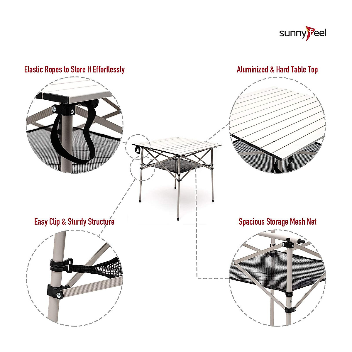 SUNNYFEEL Outdoor Folding Table | Lightweight Compact Aluminum Camping Table, Roll Up Top 4 People Portable Camp Square Tables with Carry Bag for Picnic/Cooking/Beach/Travel/BBQ