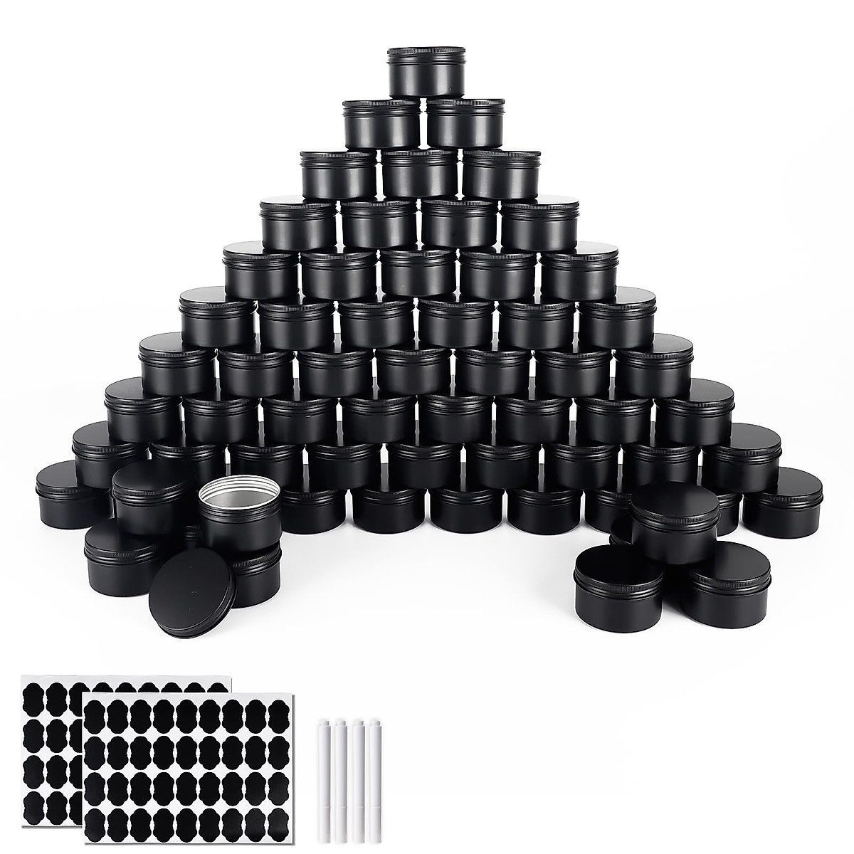 OBKJJ 64 Pack Round Cans with Screw Lid 4 Oz Aluminum Metal Tins DIY Food Candle Containers for Lotion Bars, Balms, Salve, Spices, Beard Balm, Crafts with 4 Markers 2 Sheets Label Stickers (Black)