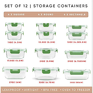JoyJolt JoyFul 24pc Borosilicate Glass Storage Containers with Lids. 12 Airtight, Freezer Safe Food Storage Containers, Pantry Kitchen Storage Containers, Glass Meal Prep Container for Lunch