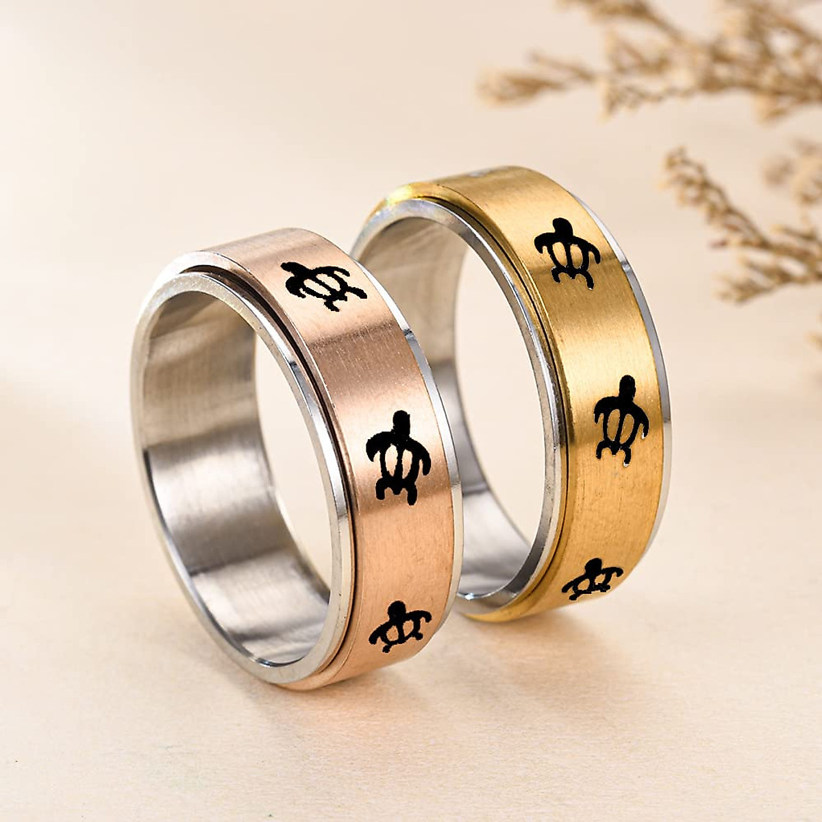 INRENG 8MM Stainless Steel Spinner Ring for Men Women Anxiety Relief Fidget Rings Band Animal Turtle Engraved Gold Size 12