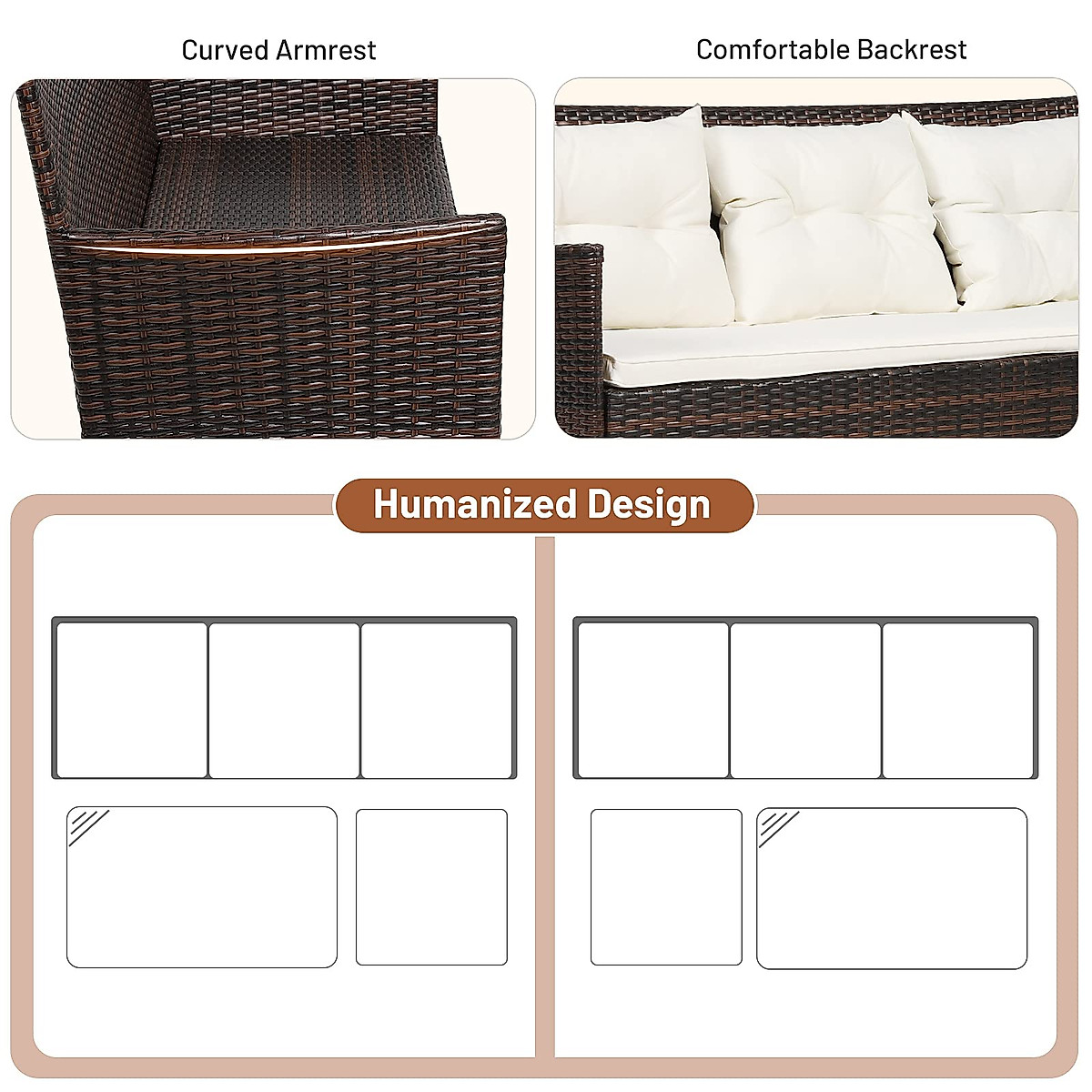 RELAX4LIFE 3 Pieces Patio Furniture Sectional Set, Rattan Wicker Conversation W/ 5 Cozy Seat & Back Cushions, Tempered Glass Coffee Table for Poolside, Balcony Outdoor Furniture (Beige+Brown)