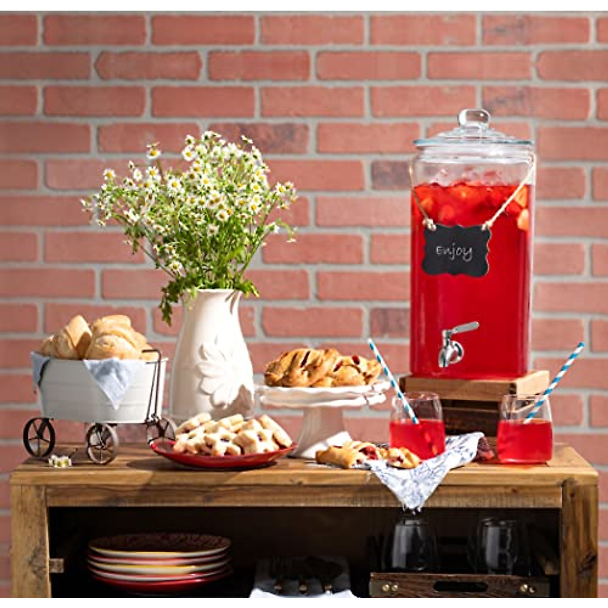 2 Gallon Beverage Serveware with Stainless Steel Spigot + Marker & Chalkboard 100% Leakproof Glass Drink Dispenser for Parties with Spout, Airtight Beverage Dispenser for Water Juice Laundry