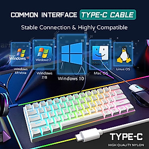 RK ROYAL KLUDGE RK61 Wired 60% Mechanical Gaming Keyboard Programmable QMK/VIA RGB Backlit 61 Keys Ultra-Compact Hot Swappable Blue Switch White