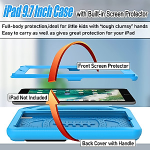 LTROP Kids Case for iPad 6th/5th Generation (2018/2017), iPad 9.7 Inch Case, iPad Air 2 Case for Kids, Built in Screen Protector, Shockproof Handle Stand Case for iPad 9.7 6th/5th Gen/Air 2, Blue