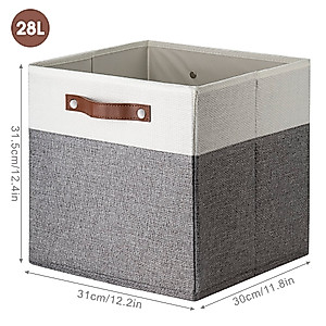Lonian Set of 2 Foldable Cotton Flax Storage Boxes Bins with Leather Handle, Collapsible Storage Cube Organiser for Nursery Baby Kids Room Toys Home Shelving – 30.5x30.5x30.5 cm