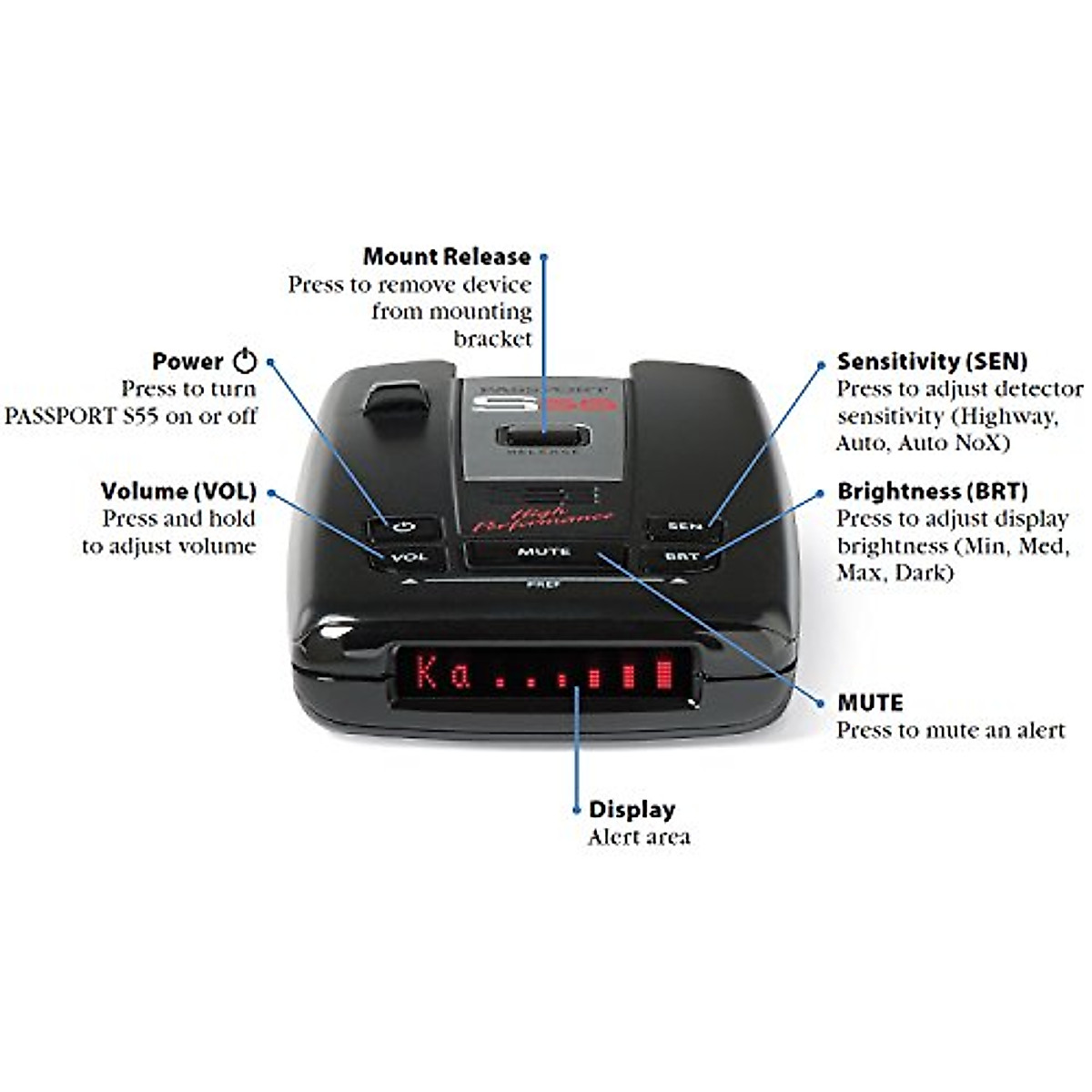 Escort Passport S55 Radar Detector – Extended Long Range, Escort Live App, AutoMute, AutoSensitivity, Audible Alerts, Adjustable LED Display, Signal Strength Meter, Black