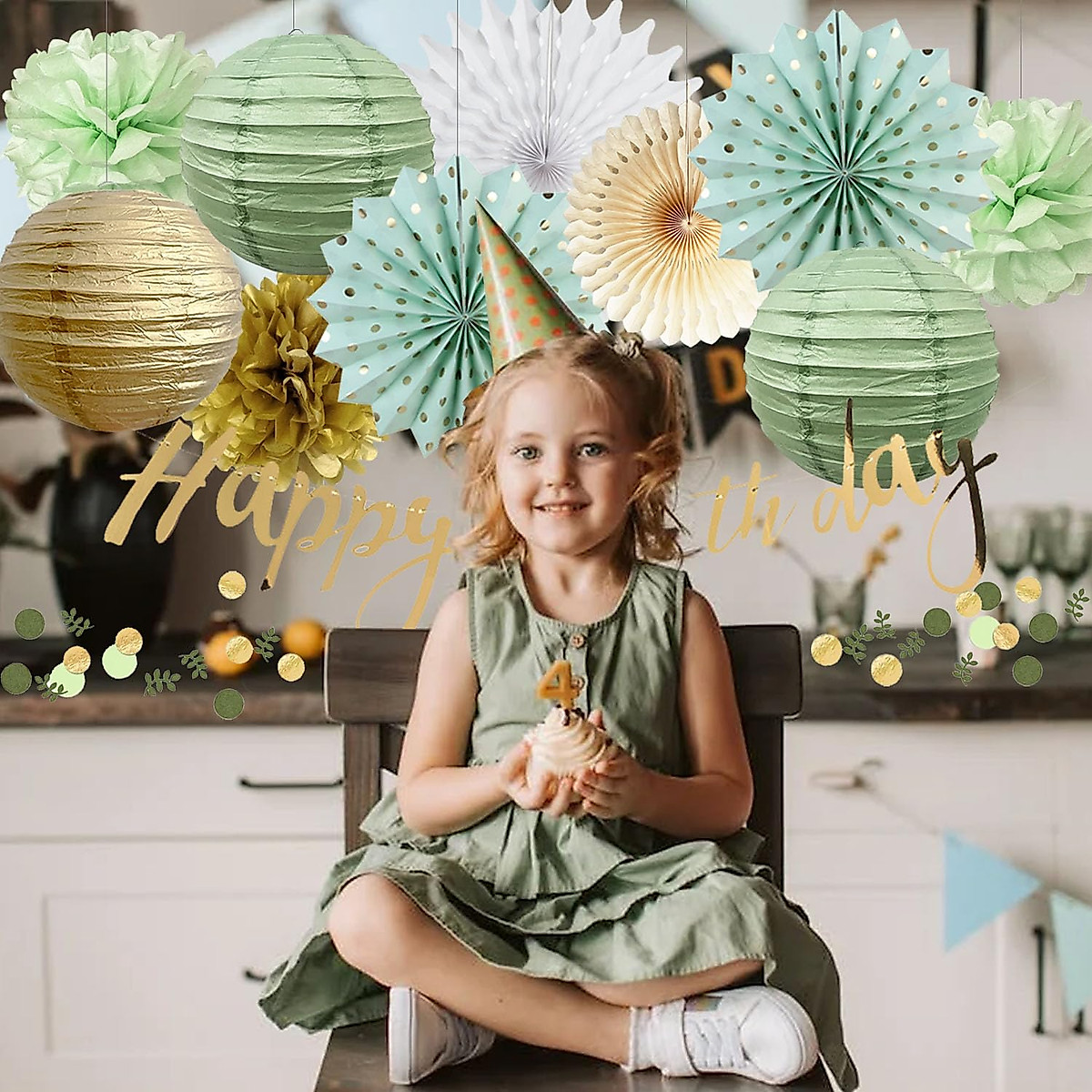 Sage Green Gold Birthday Party Decorations Paper Fans Paper Lanterns Sage Green Gold Scatter Table Decoration for Girls Women Birthday Sage Green Nature Baby Shower Party Decoration