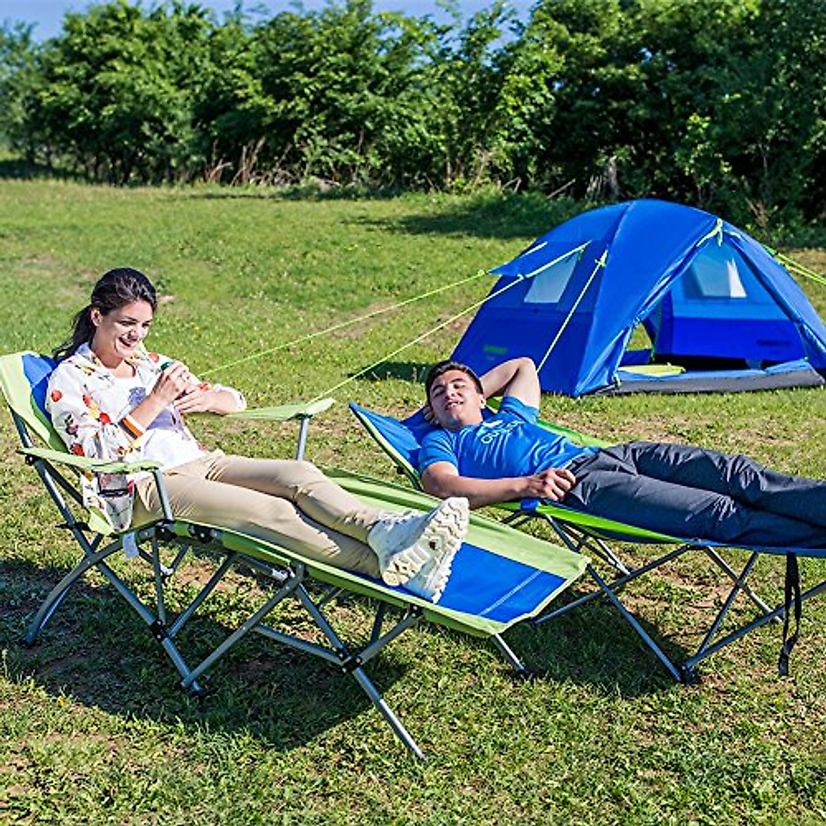 FUNDANGO Folding Outside Heavy Duty Patio Deck Chaise Lounges Lawn Chairs with Footrest for Outdoor Sun Tanning Beach Pool, Support up to 264 lbs, 34.25x 61.42x 33.86inch, Blue/Green