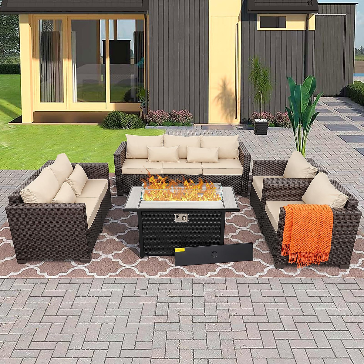 Rattaner 5-Piece Outdoor Patio Furniture 45 in Outdoor Fire Pits Patio Furniture Set 60000 BTU Outdoor Propane Fire Pit No-Slip Cushions Waterproof Covers, Khaki