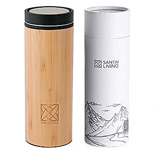 Santai Living Click Open Vacuum Insulated Travel Mug - Bamboo & Double Walled Stainless Steel Thermo Flask 14oz/400ml