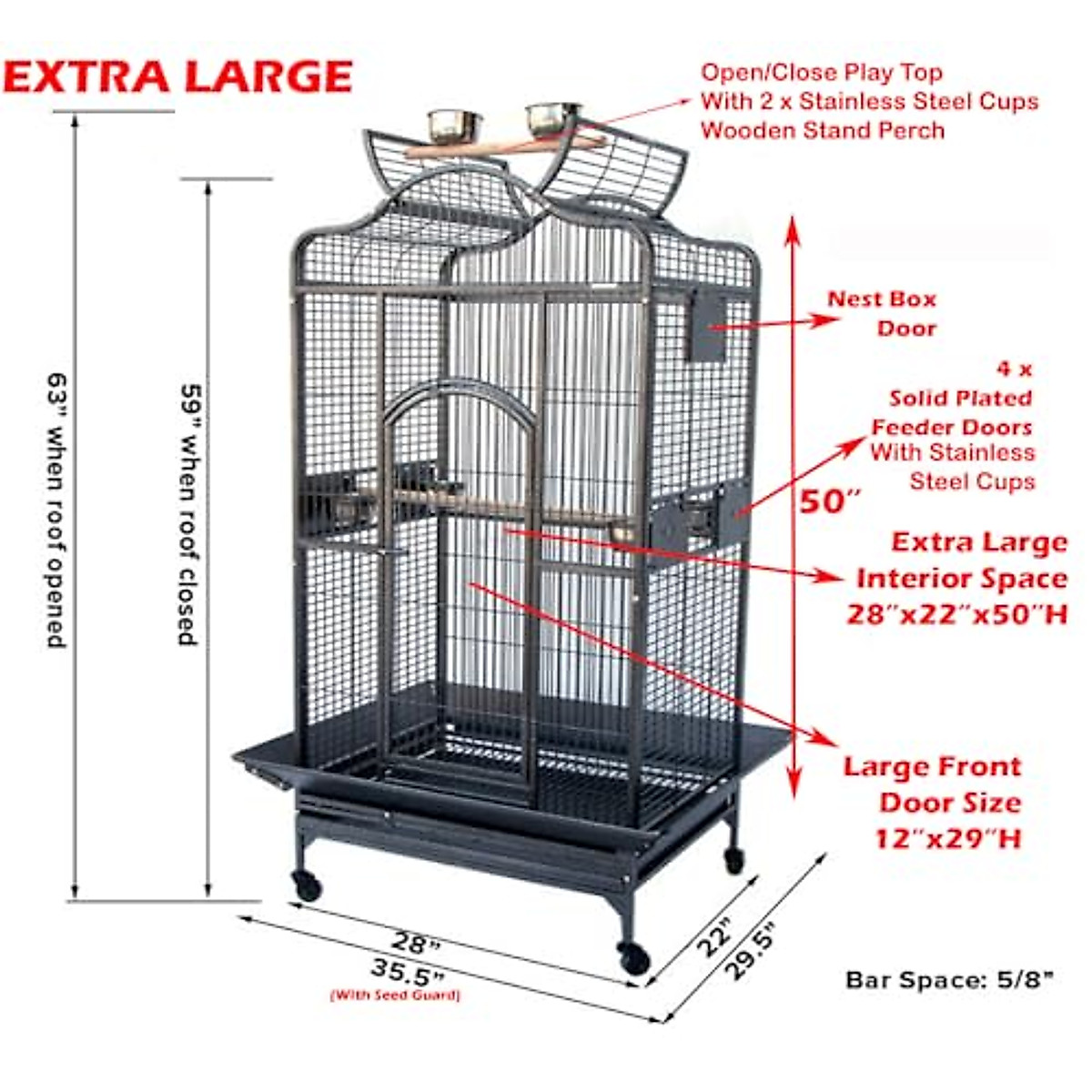 Extra Large Elegant Open Dome Top with Play Wooden Perch Stand Bird Parrot Cage for Macaw Cockatoo African Grey (35.25 x 29.5 x 62H Inches, Black Vein)