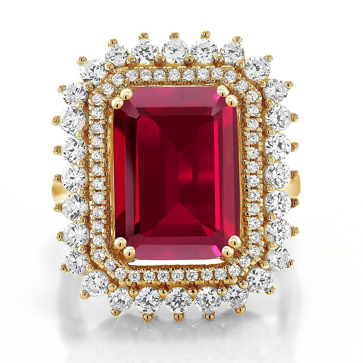 Gem Stone King 18K Yellow Gold Plated Silver Red Created Ruby Ring For Women (5.60 Cttw, Emerald Cut 14X10MM, Available In Size 5, 6, 7, 8, 9)