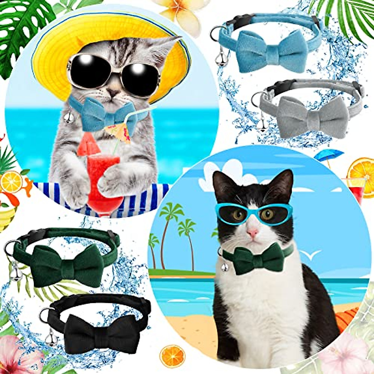 4 Pieces Cat Bow Tie Collar with Bell Breakaway Cat Collar Comfortable Velvet Cat Collar with Cute Safety Pet Collar for Pet Kitten Puppy (Black, Gray, Dark Green, Blue,Small)