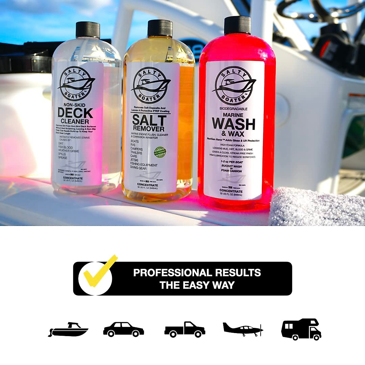 Salty Boater Salt Off Concentrate - 96 fluid ounces - Salt Remover For Boats &amp; Marine Engine Flush for Boats, Vehicles, Trailers - Winterize Cleaner &amp; Boat Wash - Wash Salt Away With or Without Cannon