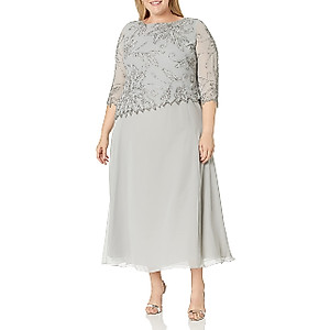 J Kara Women's Plus Size Sheer Sleeve Floral Beaded Long Dress, Silver/Mercury/Silver, 18W