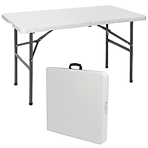 SUPER DEAL Portable 4 Foot Plastic Folding Table, Indoor Outdoor Heavy Duty Fold-in-Half Picnic Party Camping Barbecues Table with Carrying Handle, White